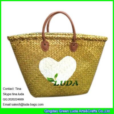China LUDA wholesale designer handbags hear shape printed seagrass tote straw bag for sale