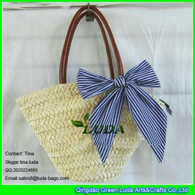 China LUDA striped big bow-knot straw woven bag wholesale cornhusk straw shoulder bag for sale