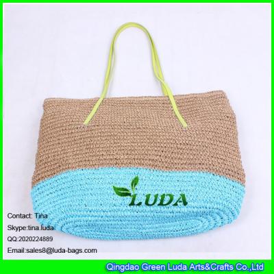China LUDA new fashion paper straw handbag two tone block crochet paper straw bag for sale