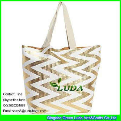 中国 LUDA の金ジグザグ パターンのわらのトート バックの綿の革紐はペーパーわら袋を扱います 販売のため