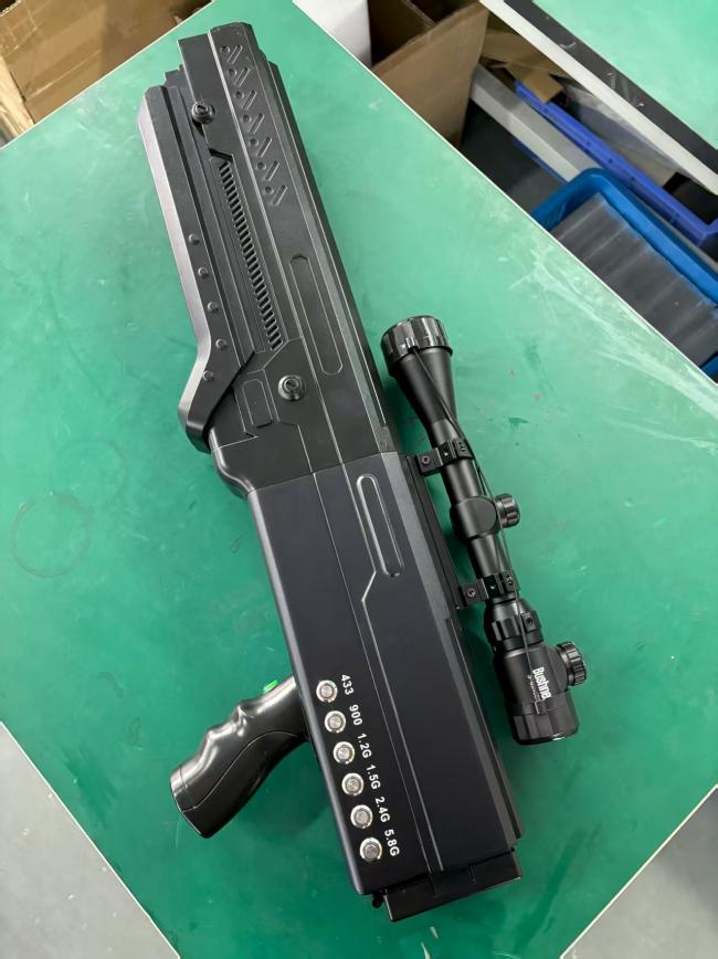 Portable drone jammer gun side view