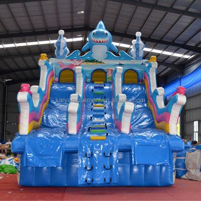 China Inflatable Pool Slides for Kids Double-Lane Shark Design Commercial PVC Water Slide for sale