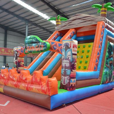 China 0.55mm PVC Tarpaulin Primeval JUNGLE Waterslide with Rock Climbing Wall and Bouncy Slide for sale