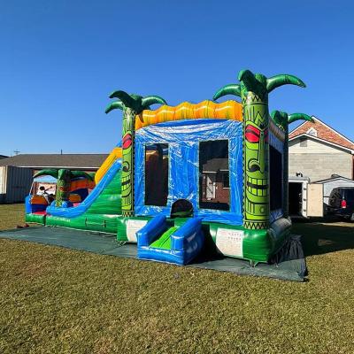 China Children's Jumping Trampoline Games Green Inflatable Tiki Huk Castle Combo Slide Pool for sale