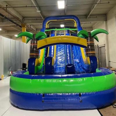 China Indoor Double-layer versterkt PVC Palmboom opblaasbare Double Slide Waterglijbaan met zwembad voor kinderen en volwassenen Te koop