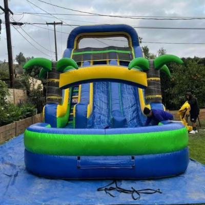 China Indoor Double-layer versterkt PVC Palmboom opblaasbare Double Slide Waterglijbaan met zwembad voor kinderen en volwassenen Te koop
