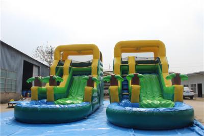 China Indoor Double-layer versterkt PVC Palmboom opblaasbare Double Slide Waterglijbaan met zwembad voor kinderen en volwassenen Te koop