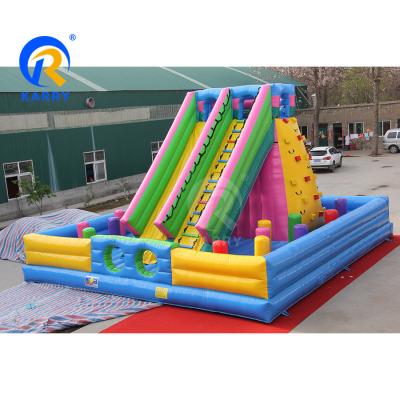 China Customized Color Outdoor Inflatable Dry Slide with Double Lane and Rock Climbing Wall for sale