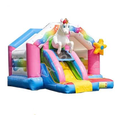 China Castle for 14 Years up Popular Outdoor Rainbow Unicorn Bouncy Castle With Slide Combo for sale