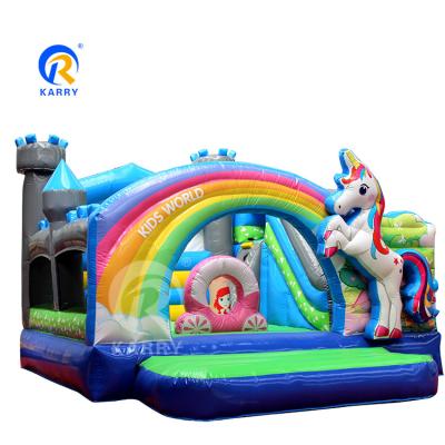 China Rainbow PVC Inflatable Trampoline Commercial Unicorn Bouncer with Slide and Blower for sale