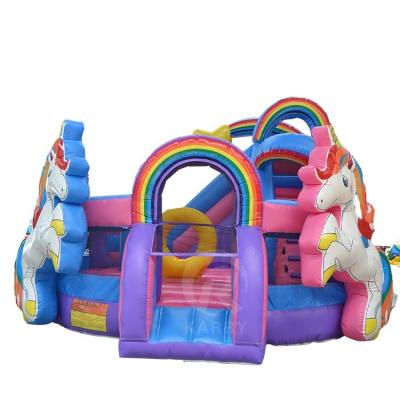 China Outdoor Commercial Kid Obstacle Toboggan Inflatable Jump House Unicorn Rainbow Theme for sale