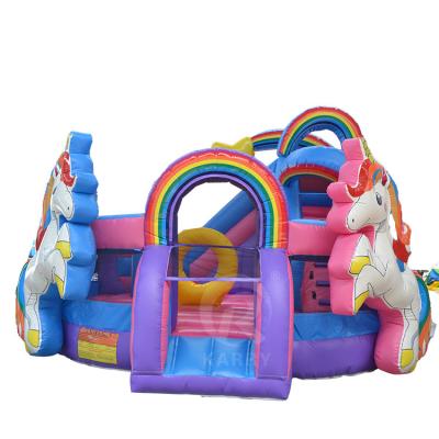 China Outdoor Fun Commercial 0.55mm PVC Rainbow Unicorn Inflatable Bouncer with Wet Dry Slide for sale