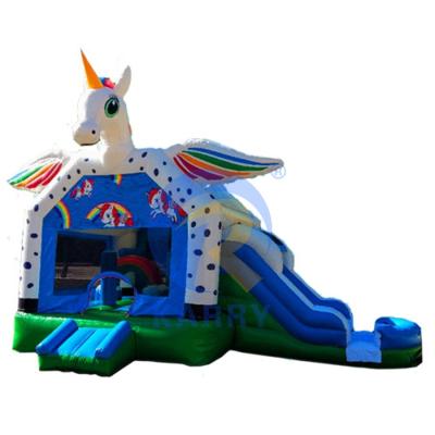 China Commercial Rainbow Spotted Unicorn Inflatable Bouncy Castle Combo Slide Acceptable OEM for sale