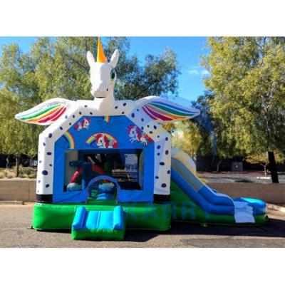 China Commercial Rainbow Spotted Unicorn Inflatable Bouncy Castle Combo Slide Acceptable OEM for sale