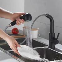 China Black Pull Out Kitchen Faucet 304 Stainless Steel Single Handle Deck Mounted Hot Cold Water for sale