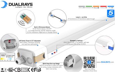 China 5ft/60W D5 LED Moisture-proof Light with DIP Switchable Power/3CCT and 1-10V, DALI, Motion sensor,Daylight sensor,Zigbee and Emergency function for sale