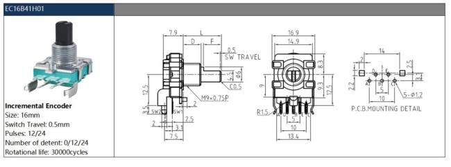 Insulated Shaft 16mm 5-Pin Rotary Encoder with Push Button