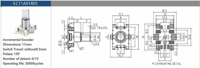 Ec11 Encoder 360-Degree Rotary Incremental Encoder 11mm SMD Incremental Encoder with Button Switch D-Shaft 15 PPR