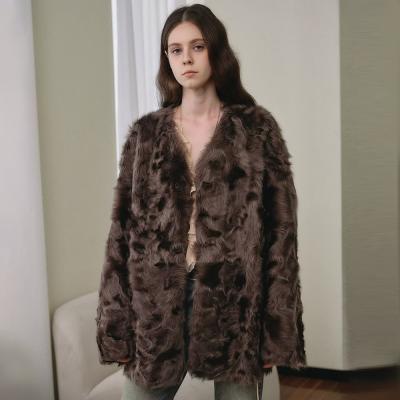 China V-Neck Faux Persian Lamb Fur Coat for sale