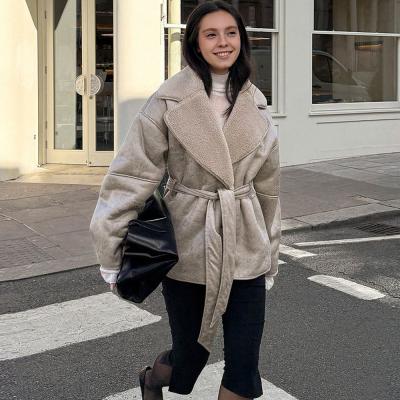 China 36 Size Stylish Faux Leather Jacket Oversized Belted Bonded Jacket Oem for sale