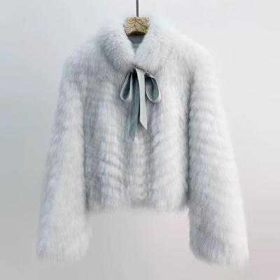 China Ice Cream Color Faux Fox Fur Striped Jacket for sale