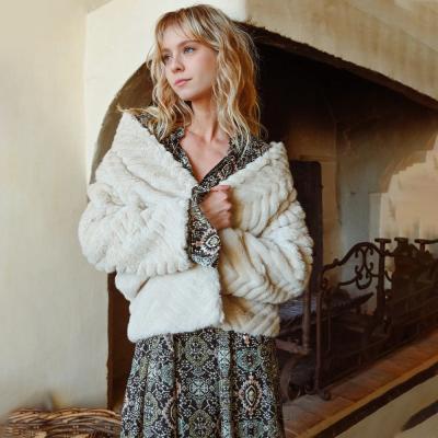 China Striped Small Round Collar Faux Fur Short Jacket for sale