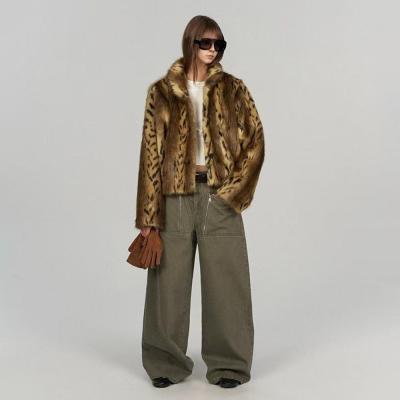 China Mid Length High Collar Faux Leopard Print Fur Coat for sale
