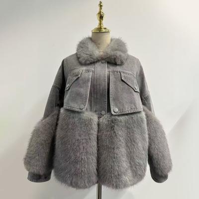 China Chic Women Hongjun Denim Faux Mink Fur Patchwork Jacket for sale