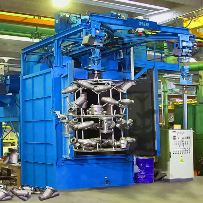 Continuous Pass Through Rail Spinner Hanger Shot Blasting Machine with Hooks