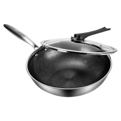 China 304 punho de aço inoxidável de prata da frigideira 22.5cm do revestimento do frigideira chinesa 2.35kg do favo de mel à venda