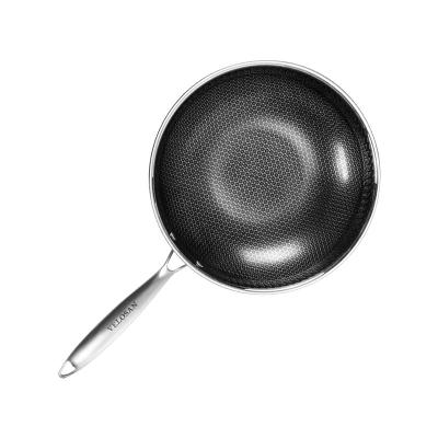 China 304 punho de aço inoxidável de prata da frigideira 22.5cm do revestimento do frigideira chinesa 2.35kg do favo de mel à venda