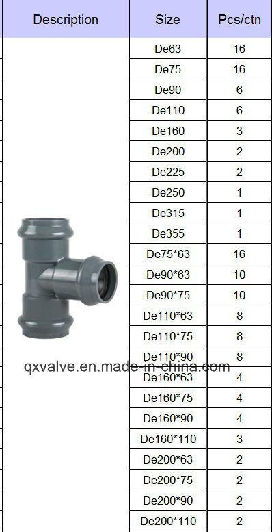 DIN Standard Pn10 UPVC Tee with Rubber Size From 63mm to 355mm