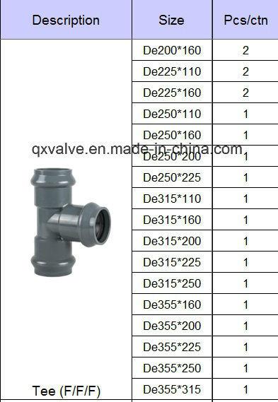 DIN Standard Pn10 UPVC Tee with Rubber Size From 63mm to 355mm