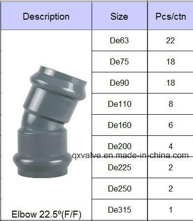DIN Standard Pn10 UPVC Elbow 22.5deg Size From 63mm to 315mm