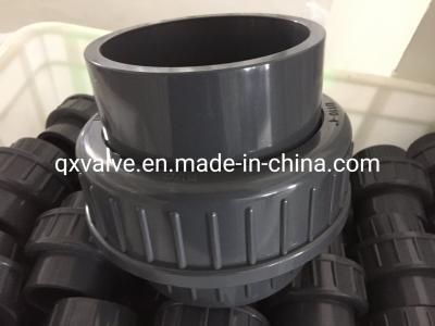Cina Esempio di disegno in plastica Maniglia blu Valvola a sfera a doppia unione vera per temperatura normale in vendita