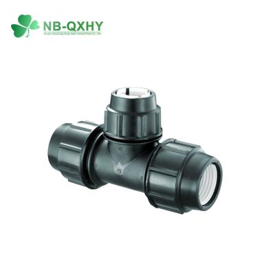 China PP Compression Fitting Straight Tee voor zwarte kleur Pipe Equal Connection Flow System Te koop