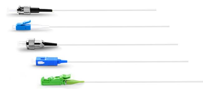 Close-up view of ST/UPC Simplex Fiber Optic Pigtail showing connector and bare fiber ends