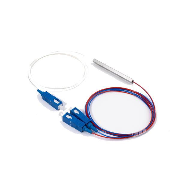 Quality Customized 1*2 SC UPC Mini Type Fiber Optic PLC Splitter With G657A Fiber 0.9mm for sale