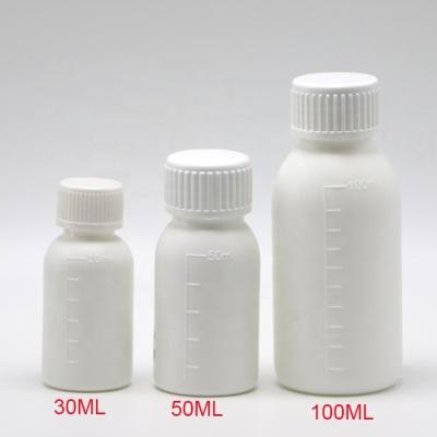 Cina 30 mL/50 mL/100 mL PP Bottiglia di medicinali liquidi bianchi con corpo a scala e serigrafia in vendita