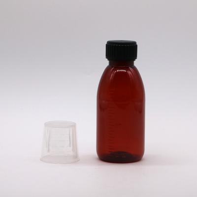 Cina 120 ml di bottiglia di ricetta ovale ambra con tappo di sicurezza per bambini Materiale PET per sciroppo d'acero in vendita