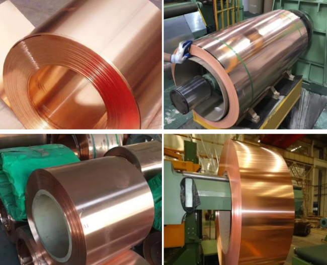 Copper strip being processed in industrial setting