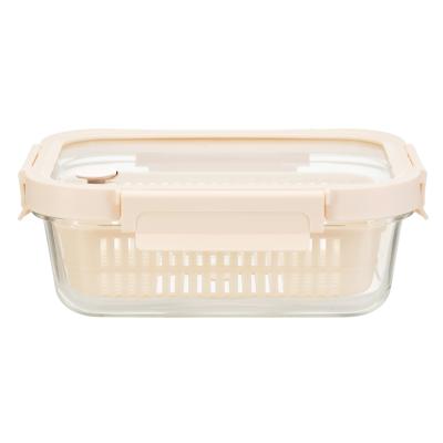China Stackable Airtight Glass Food Container With Vented Glass Lid And Removable Drain Basket for sale