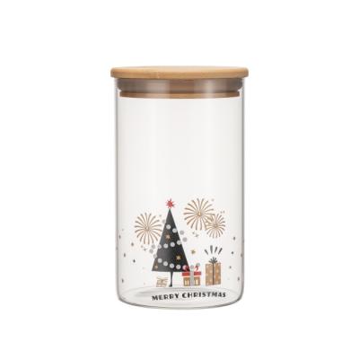 China Festival Design Glass Canister with Airtight Bamboo Lid and Multiple Sizes for Kitchen Storage for sale