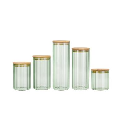 China Color Sprayed Stripe Glass Tea Coffee Sugar Canisters Borosilicate Glass Jar With Bamboo Lid for sale
