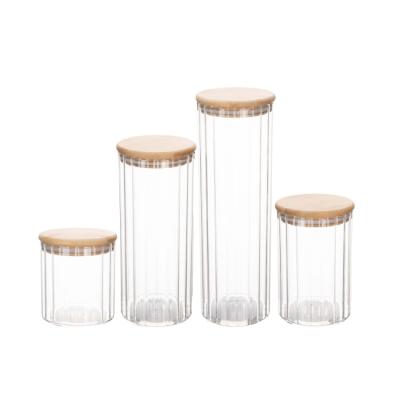 China 500ml-2200ml Striped Glass Kitchen Storage Containers Glass Canister With Bamboo Lid for sale