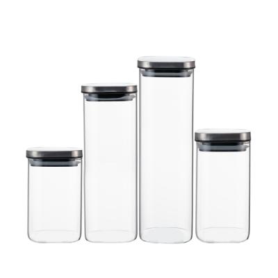 China Square Glass Canister and Food Storage Jar with 780ml 1100ml 1400ml Capacity High Borosilicate Glass and Stainless Steel Lid for sale