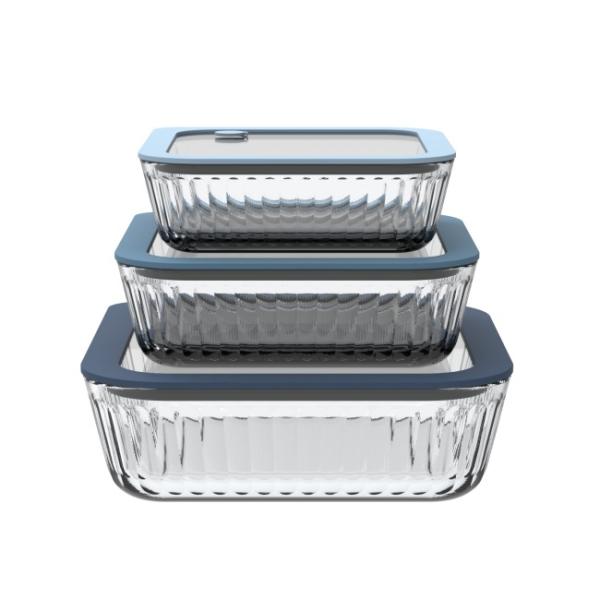 Quality Rectangular Striped Microwave Safe Glass Containers With Vented Glass Lid for sale
