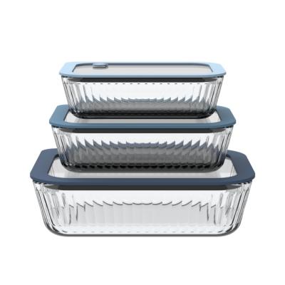 China Rectangular Striped Microwave Safe Glass Containers With Vented Glass Lid for sale