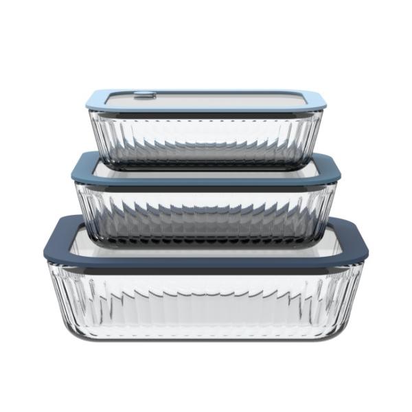 Quality Rectangular Striped Microwave Safe Glass Containers With Vented Glass Lid for sale