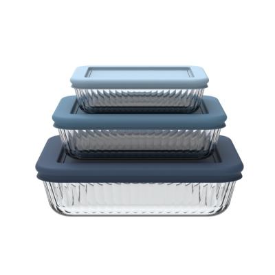 China Lightweight Striped Borosilicate Glass Food Container With Simply Store PE Lid for sale